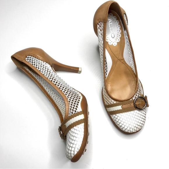 Aldo | Shoes | Aldo White Chestnut Brown Buckle Heel Shoes | Poshmark